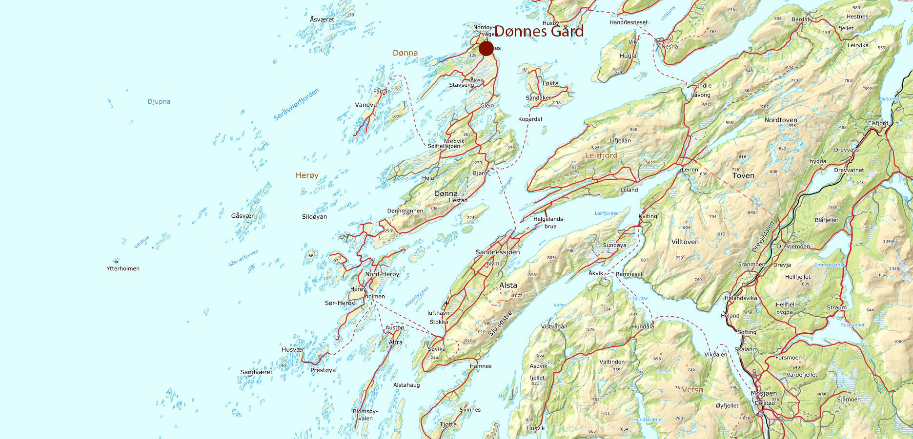 Kart - Dønnes Gård - Overnatting Dønna / Helgeland / Nordland